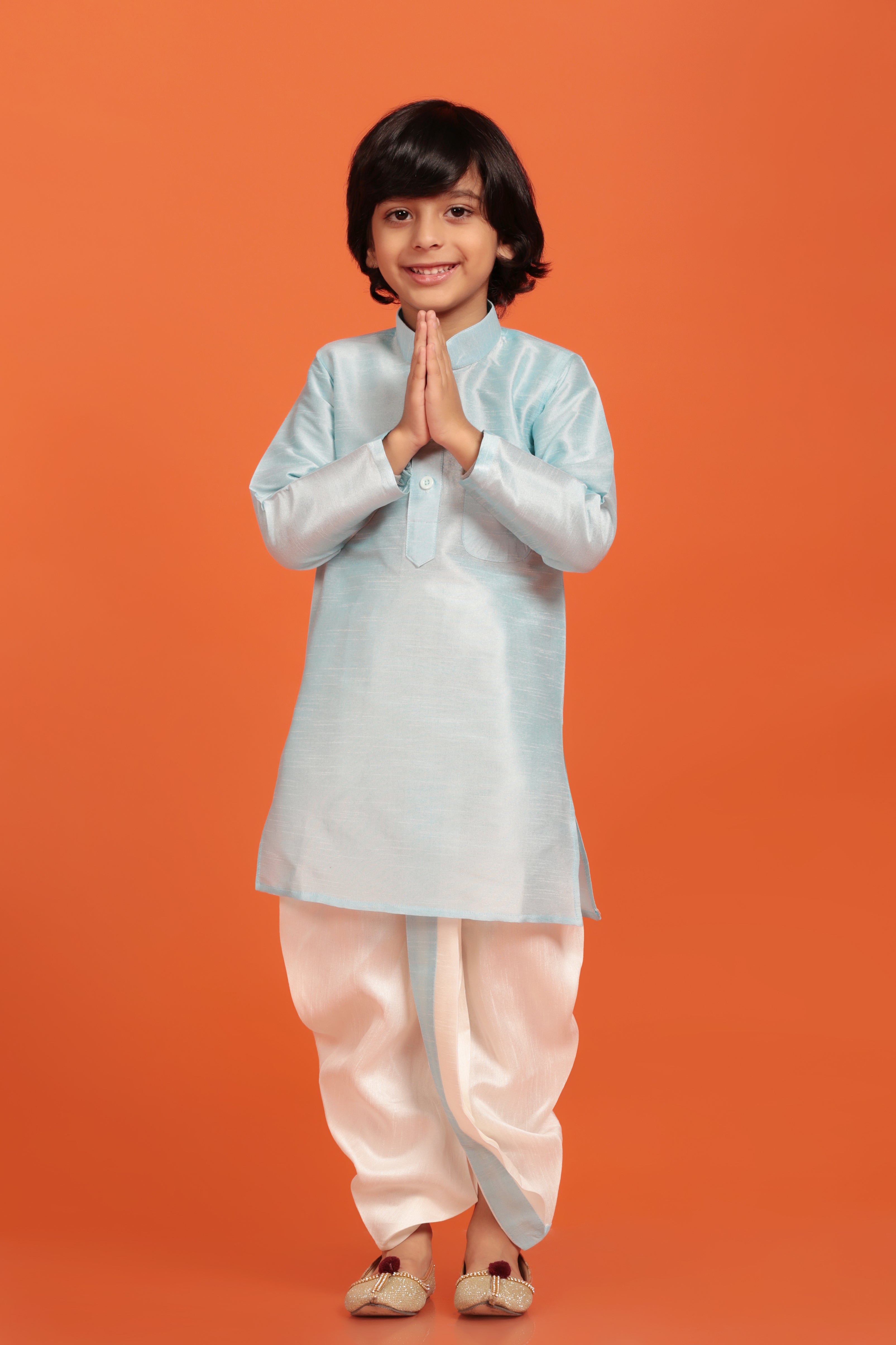Boys Sky Blue Plain Silk Dhoti Set – AJ Dezines